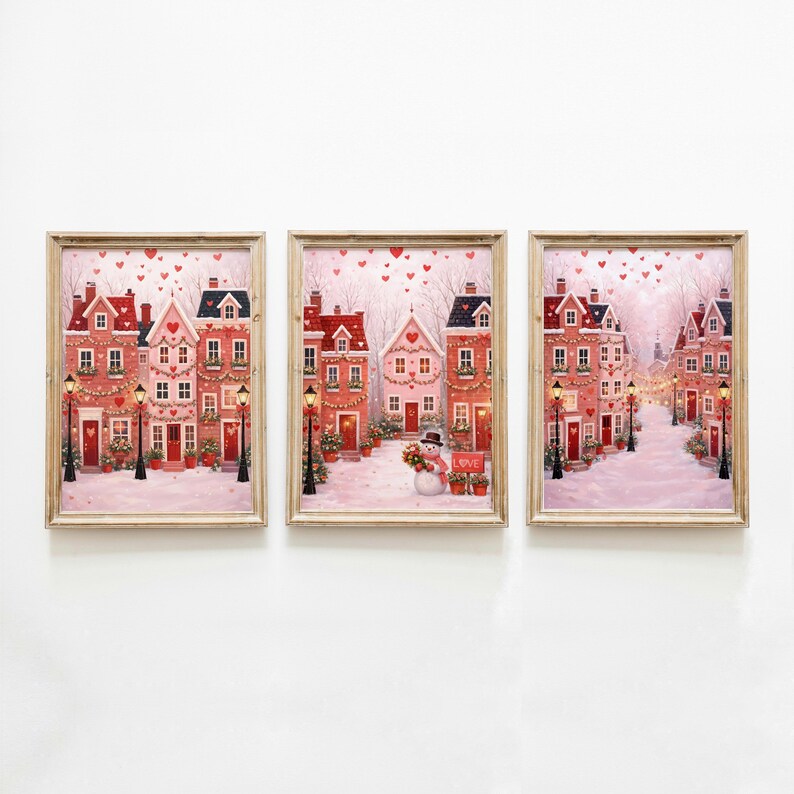 Valentines Day Village Prints Set of 3, Red Pink Romantic Cozy Town ...