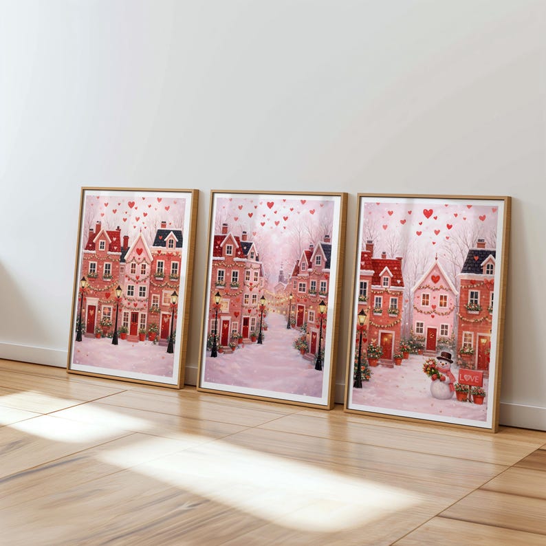 Valentines Day Village Prints Set of 3, Red Pink Romantic Cozy Town ...