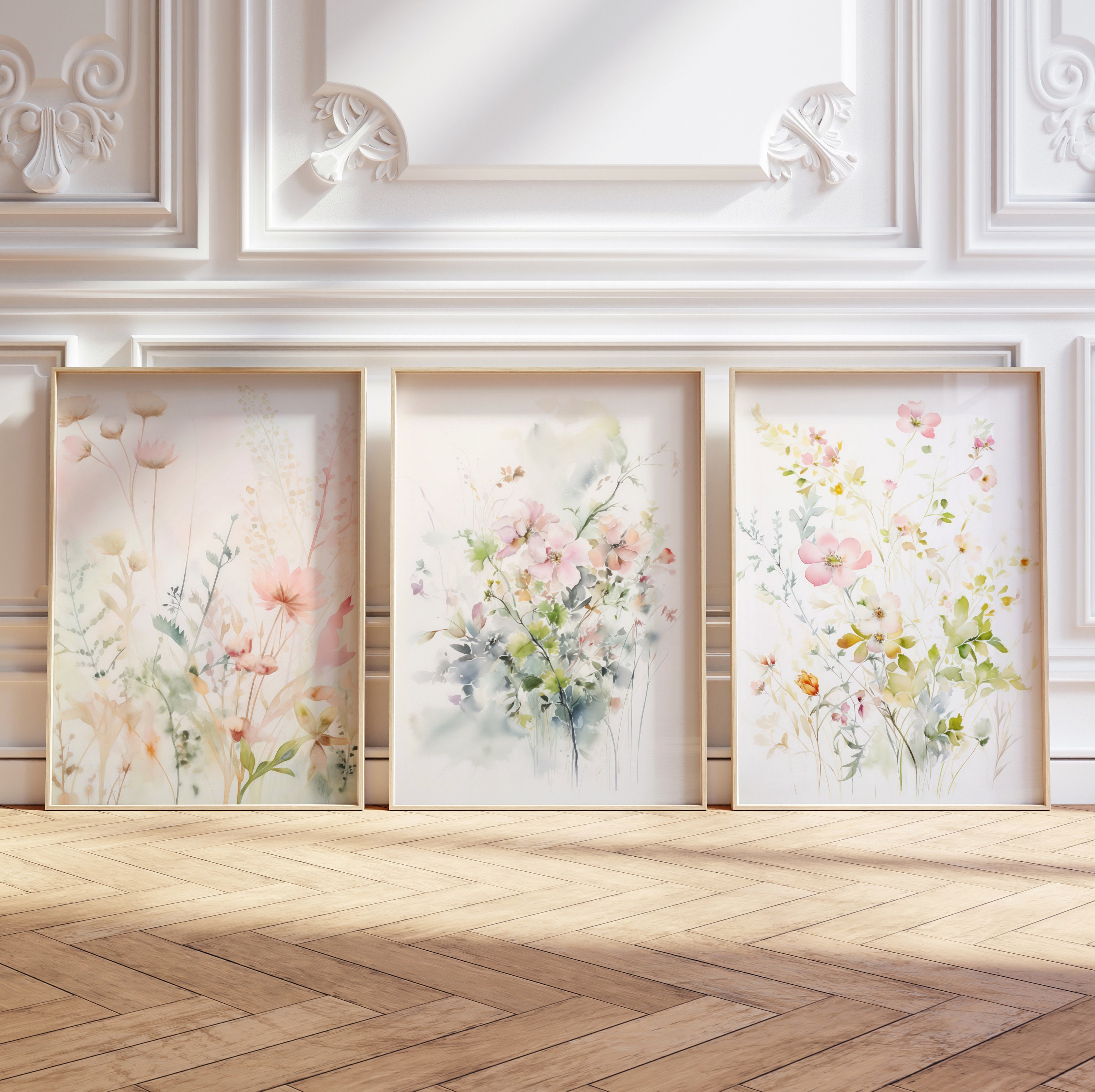 Pastel Wildflowers Prints Set of 3, Abstract Soft Pastel Pink Flowers ...