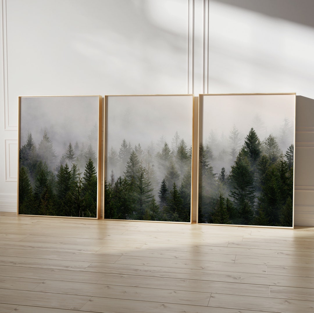 Nebliger Wald Poster 3er Set, dunkelgrüner nebelwald fotografie ...