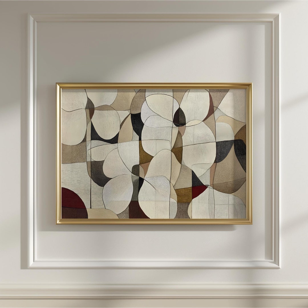 Modern groot abstract schilderij, eigentijds neutraal beige printkunstwerk, minimalistische ...