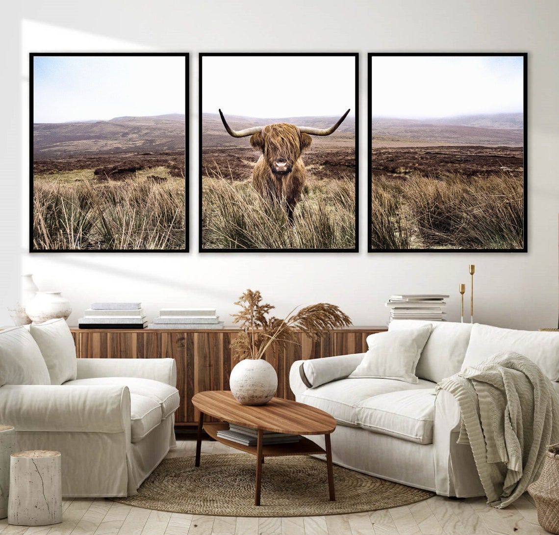 Highland Cow Tryptic Wall Art Set of 3 Prints Rustic Animal - Etsy
