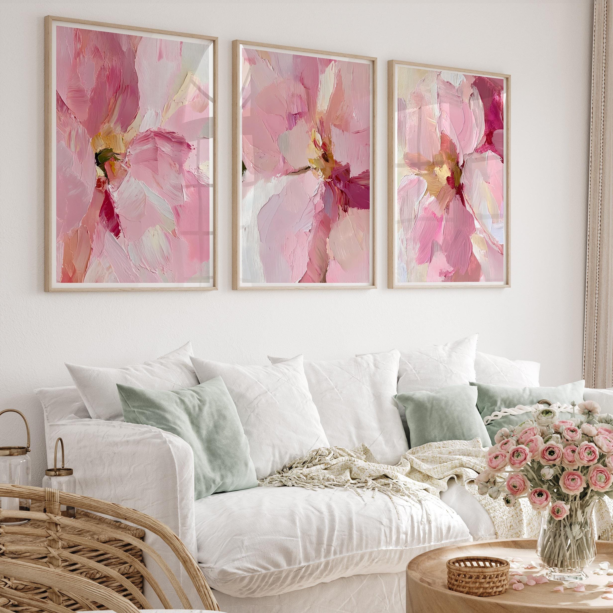 Abstract Pink Flowers Painting, Blush Pastel Pink Floral Prints Set of ...