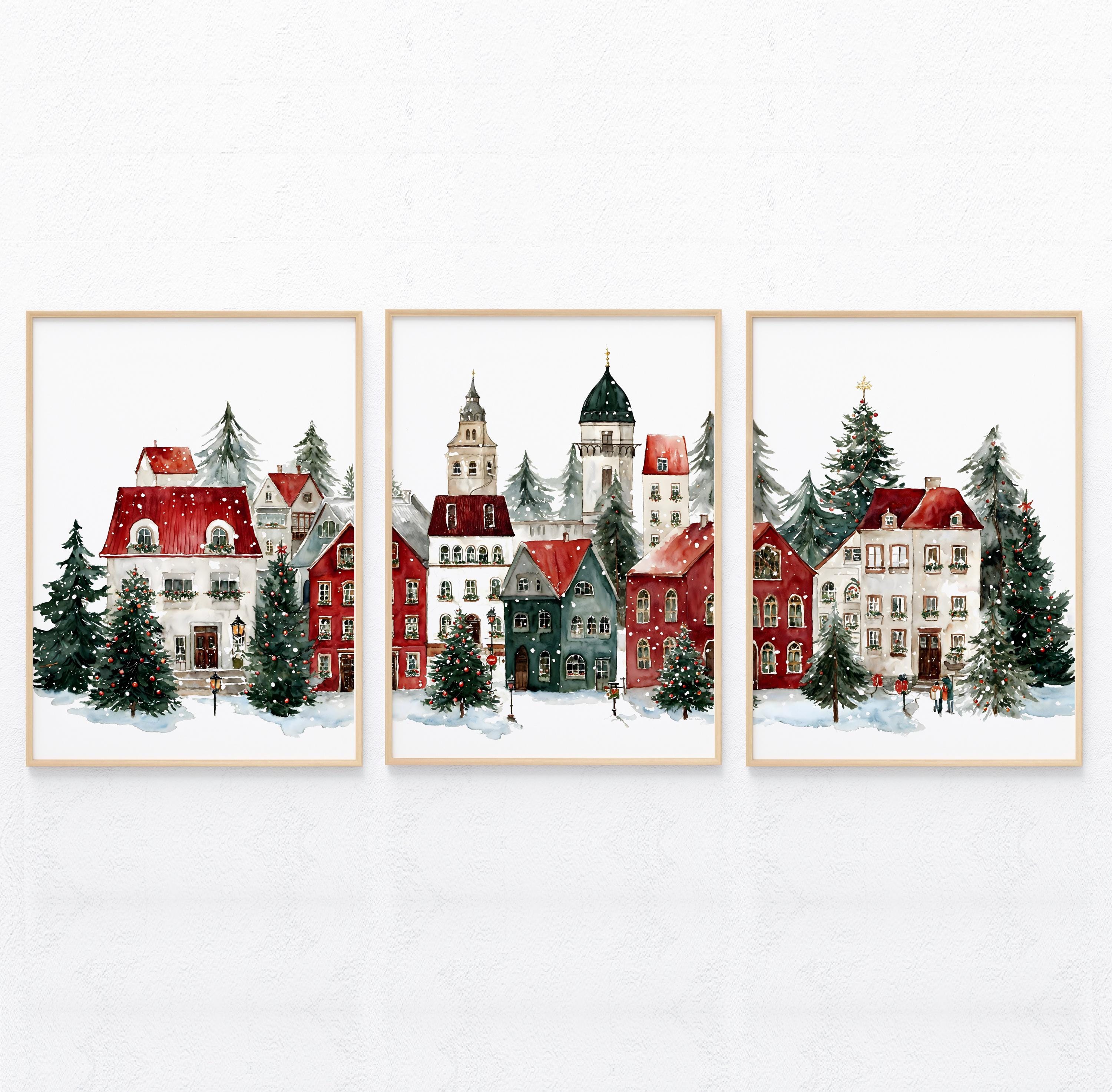 Christmas Village Prints Set of 3, Snowy Winter Town Paintings, Digital ...