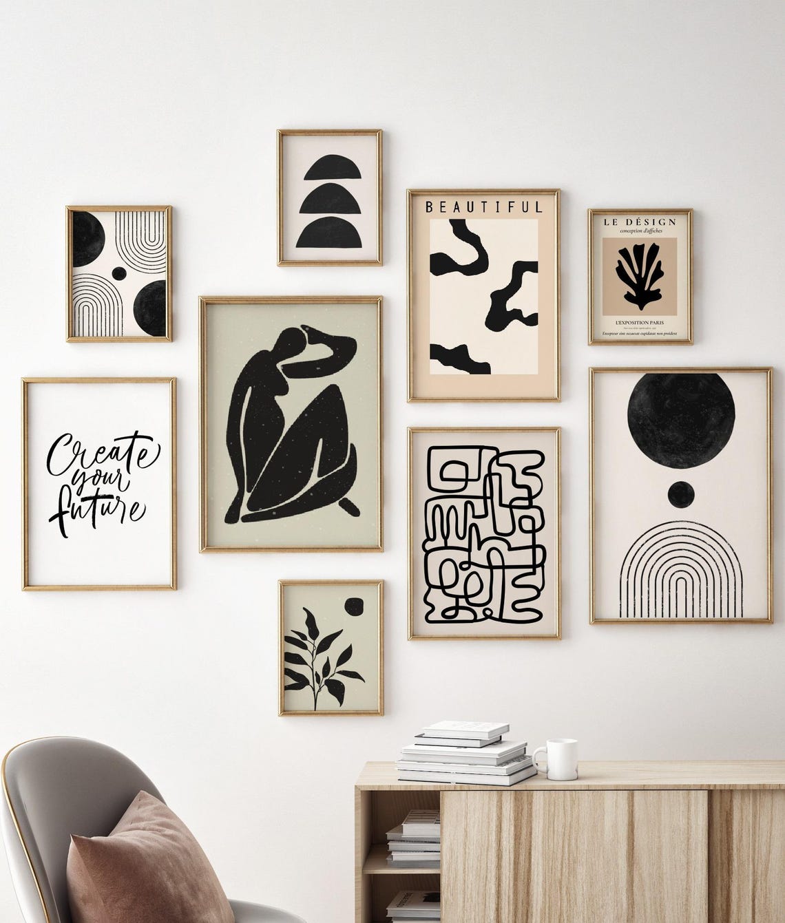 Neutral Gallery Wall Set of 9 Prints, Boho Absract Prints, Boho Neutral ...