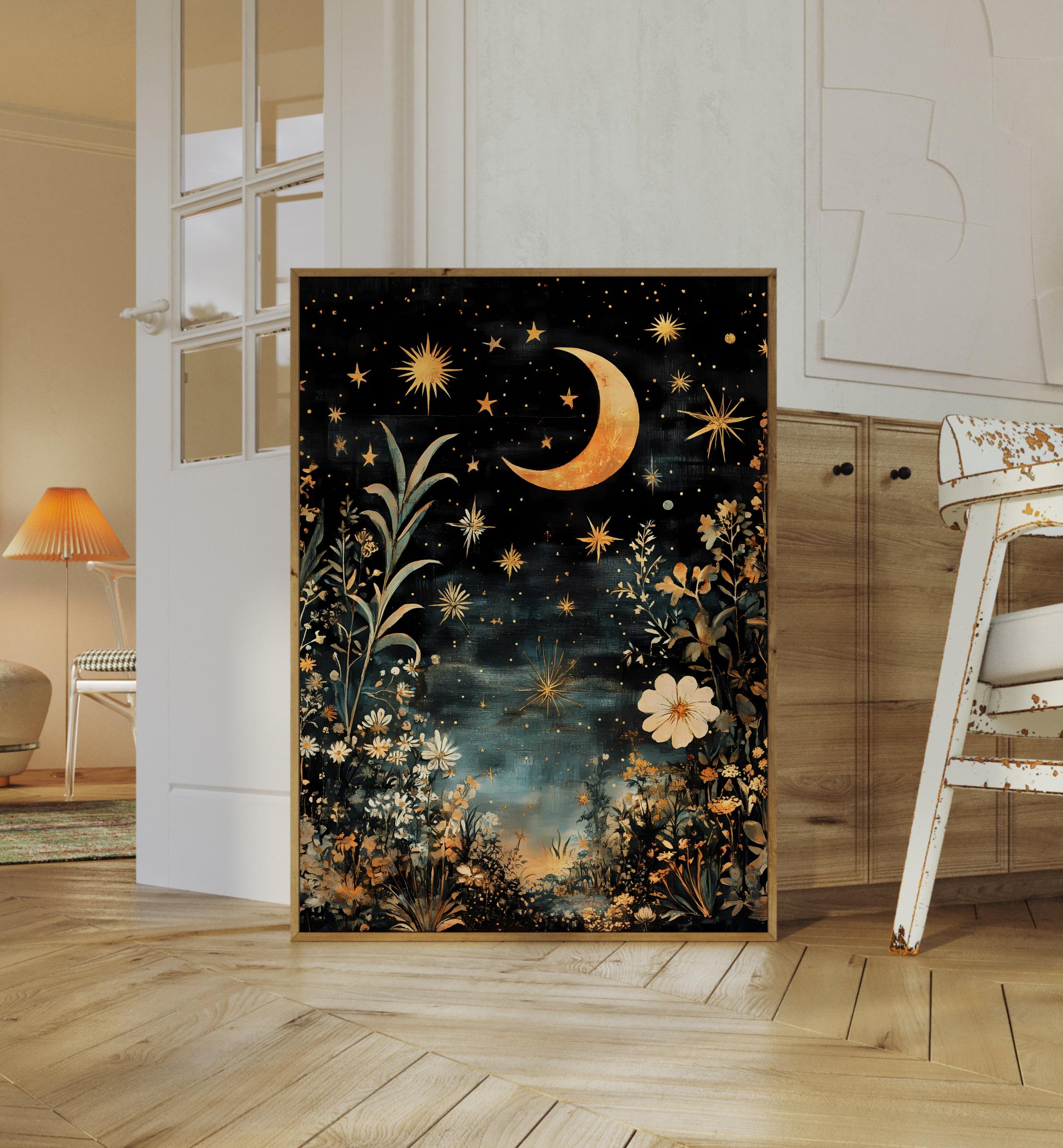 Moody Celestial Print, Moon Stars Flowers Print, Dark Stargazing ...