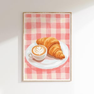 Checkered Coffee and Croissant Print - Etsy