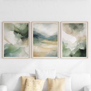 Sage Green Abstract Prints Set of 3, Neutral Soft Green Paintings ...