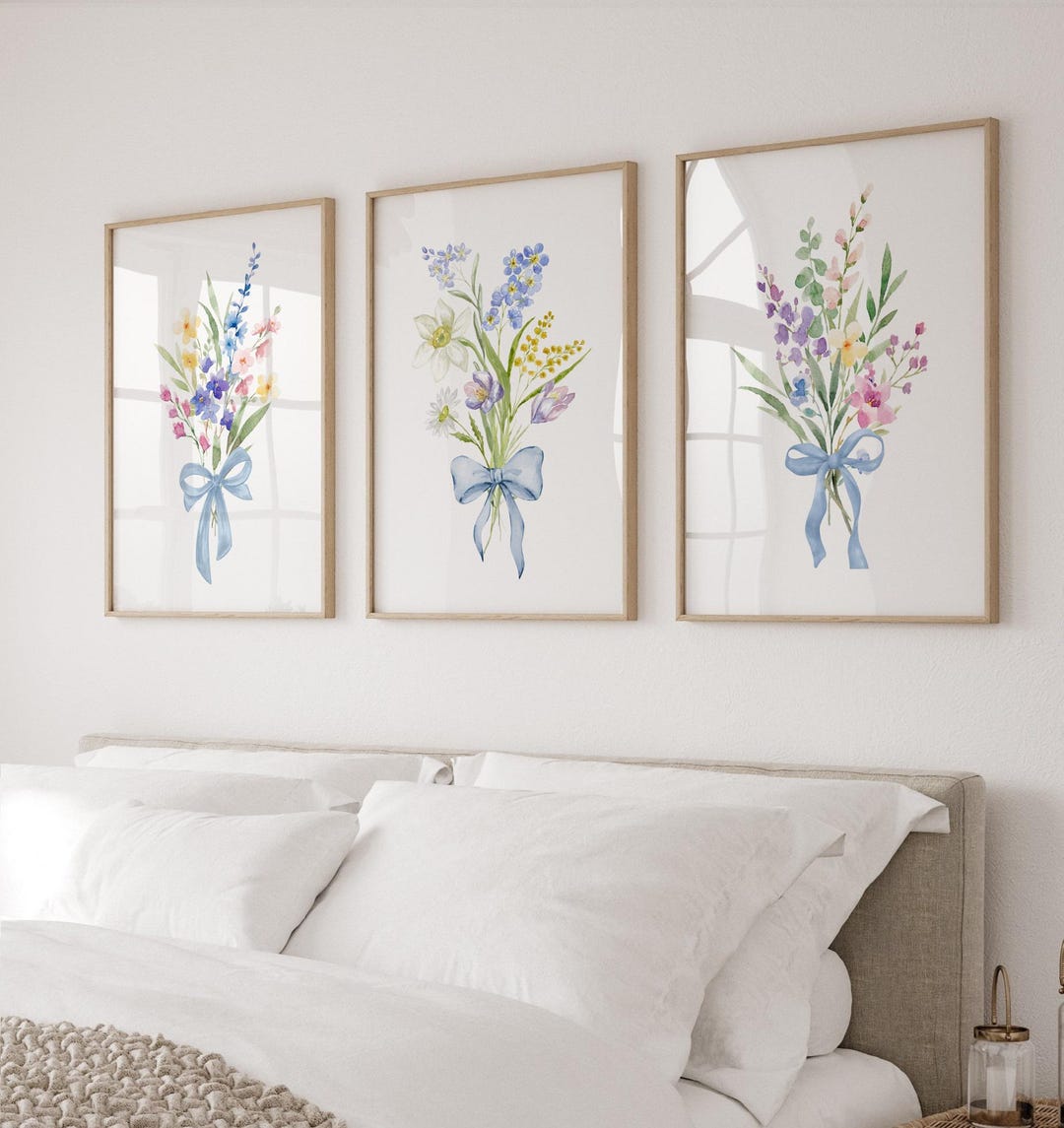 Coquette Flowers Blue Bow Prints Set of 3, Pastel Floral Girls Bedroom ...