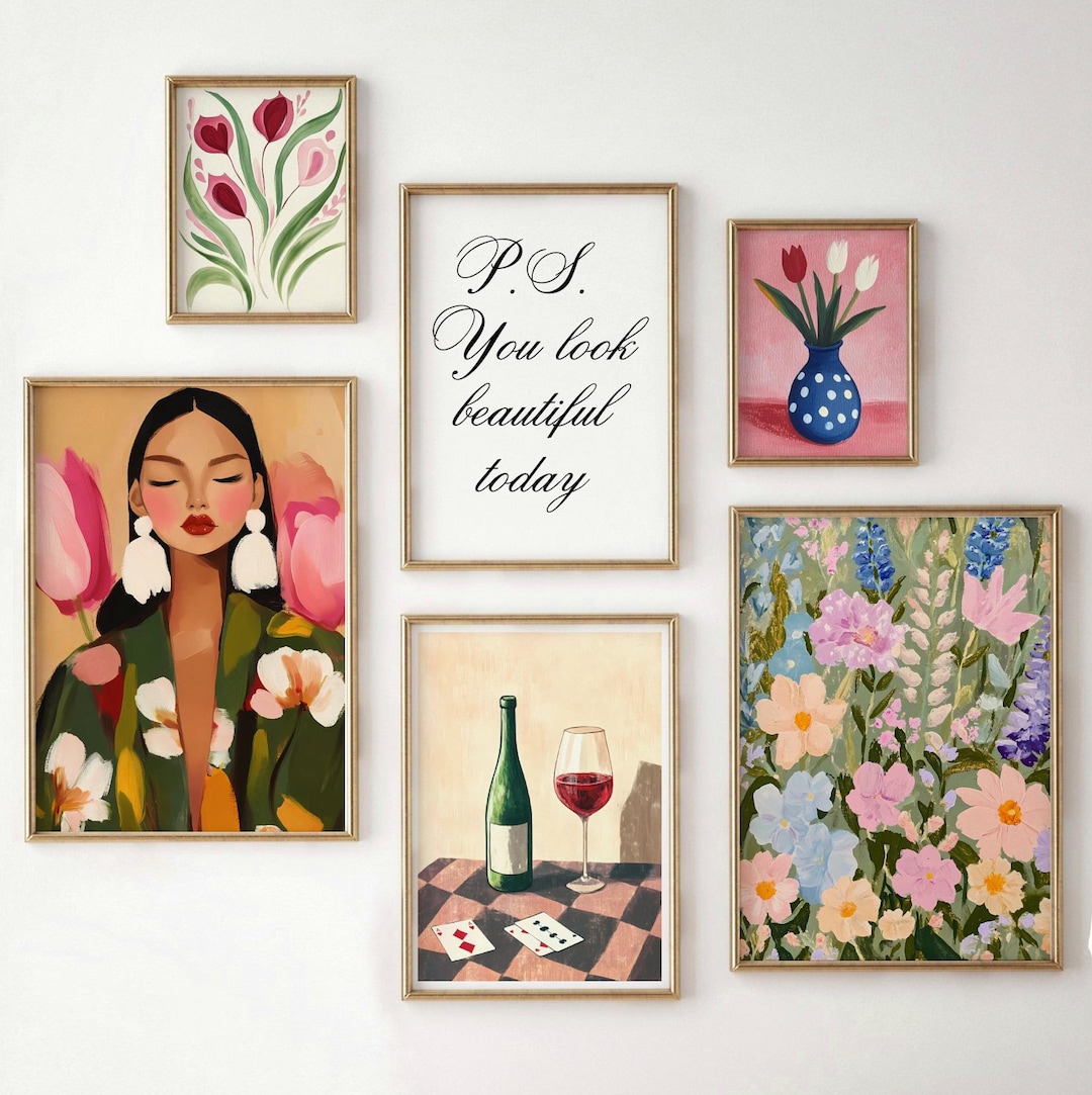 Trendy Girly Aesthetic Gallery Prints Set of 6, Modern Fashion Floral ...