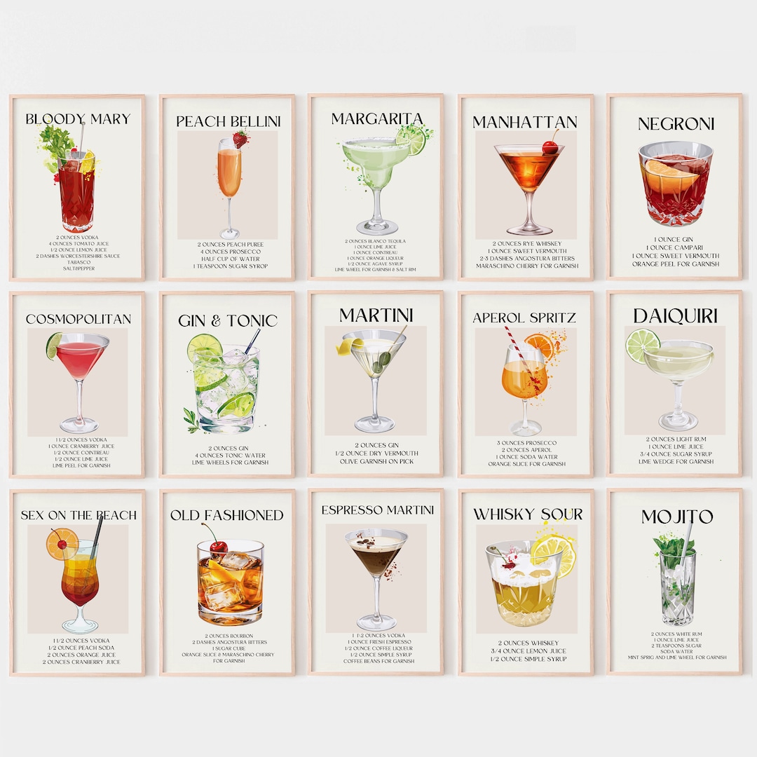 Classic Alcohol Cocktails Prints, Bundle Set of 15 Prints, Minimalist ...