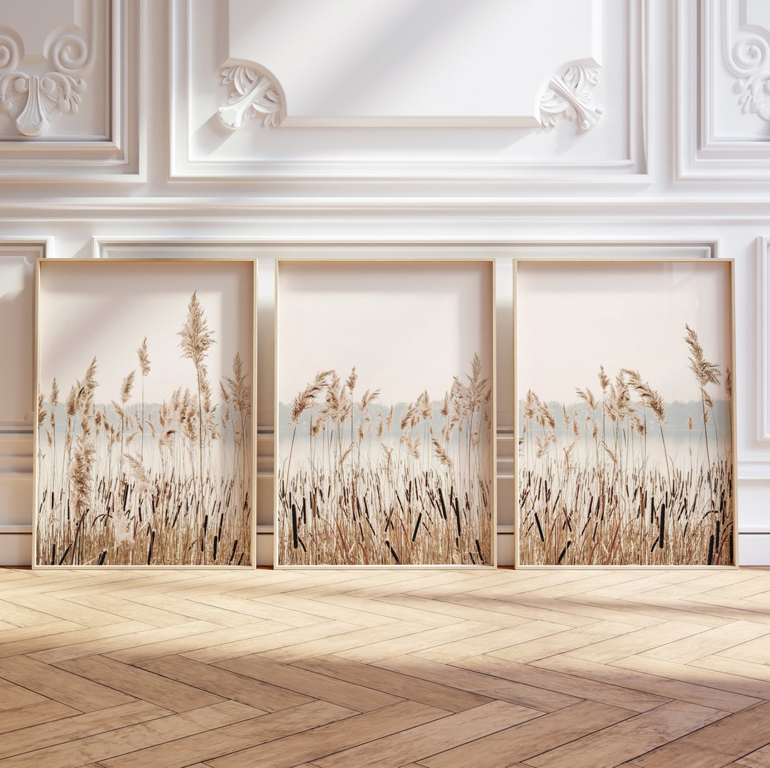 Neutral Dried Grass Prints, Pampas Triptych Wall Art, Dried Grass Set of 3 Prints, Boho Coastal ...