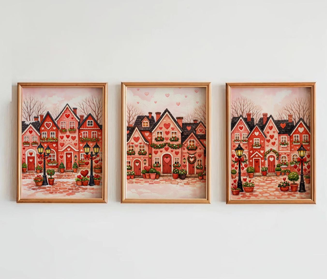 Valentines Day Village Prints Set of 3, Cozy Red Valentine Wall Art ...