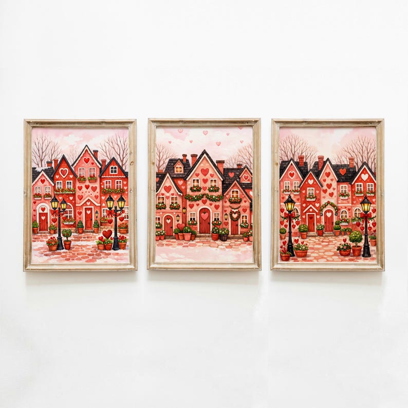 Valentines Day Village Prints Set of 3, Cozy Red Valentine Wall Art ...