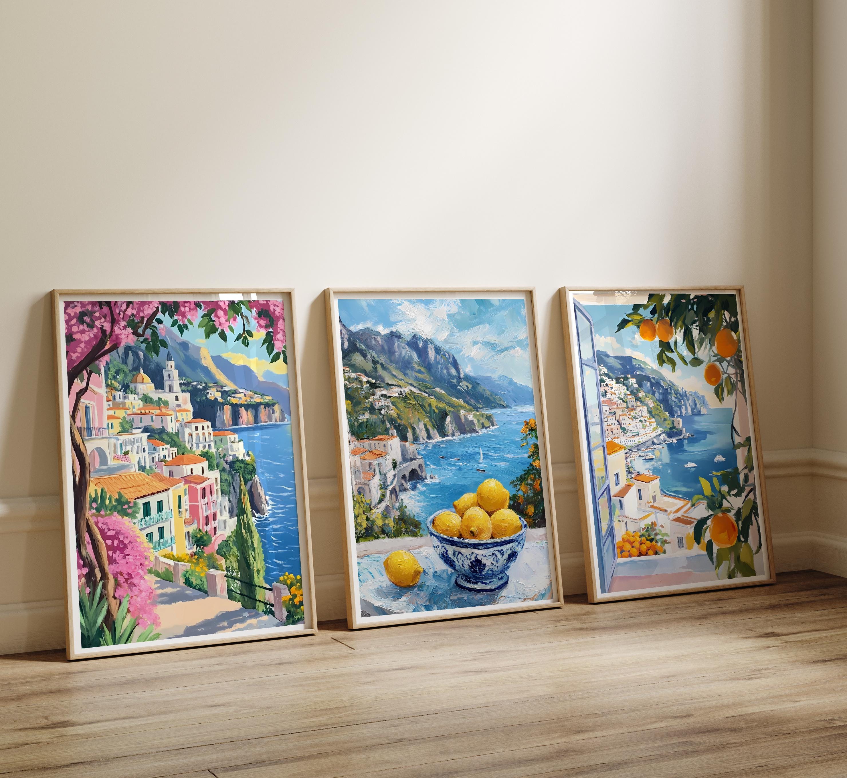 Amalfi Coast Paintings, Colorful Summer Mediterranean Prints Set of 3 ...