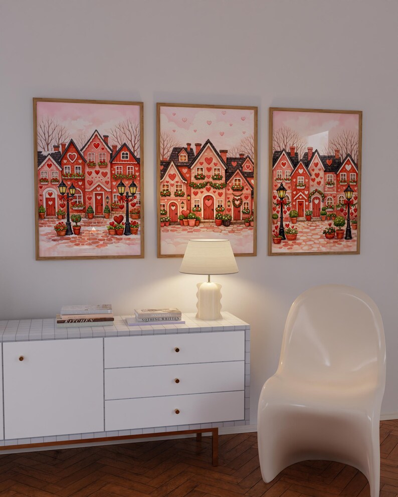 Valentines Day Village Prints Set of 3, Cozy Red Valentine Wall Art ...