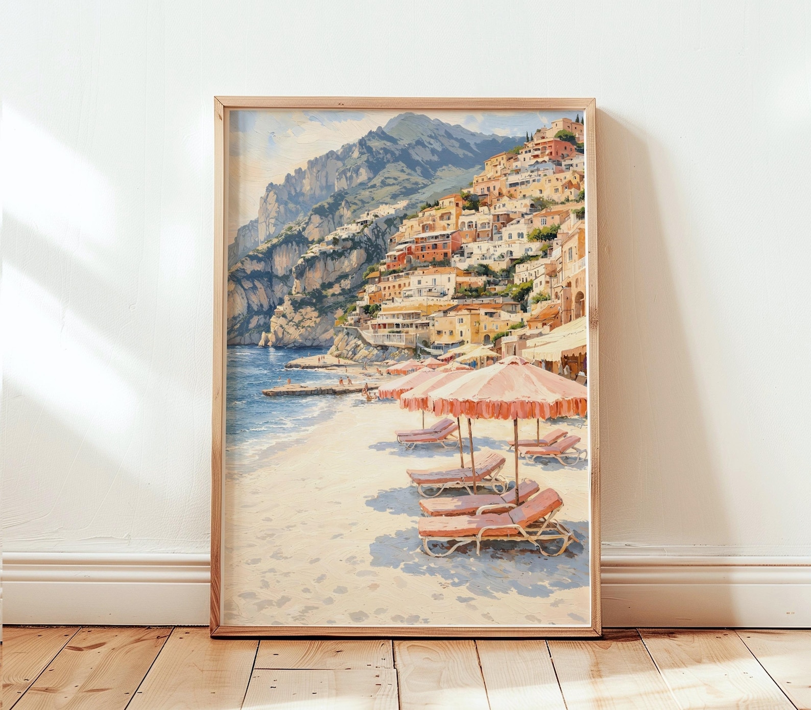 Amalfi Coast Painting, Pink Beach Umbrellas Print, Pastel Summer Italy ...