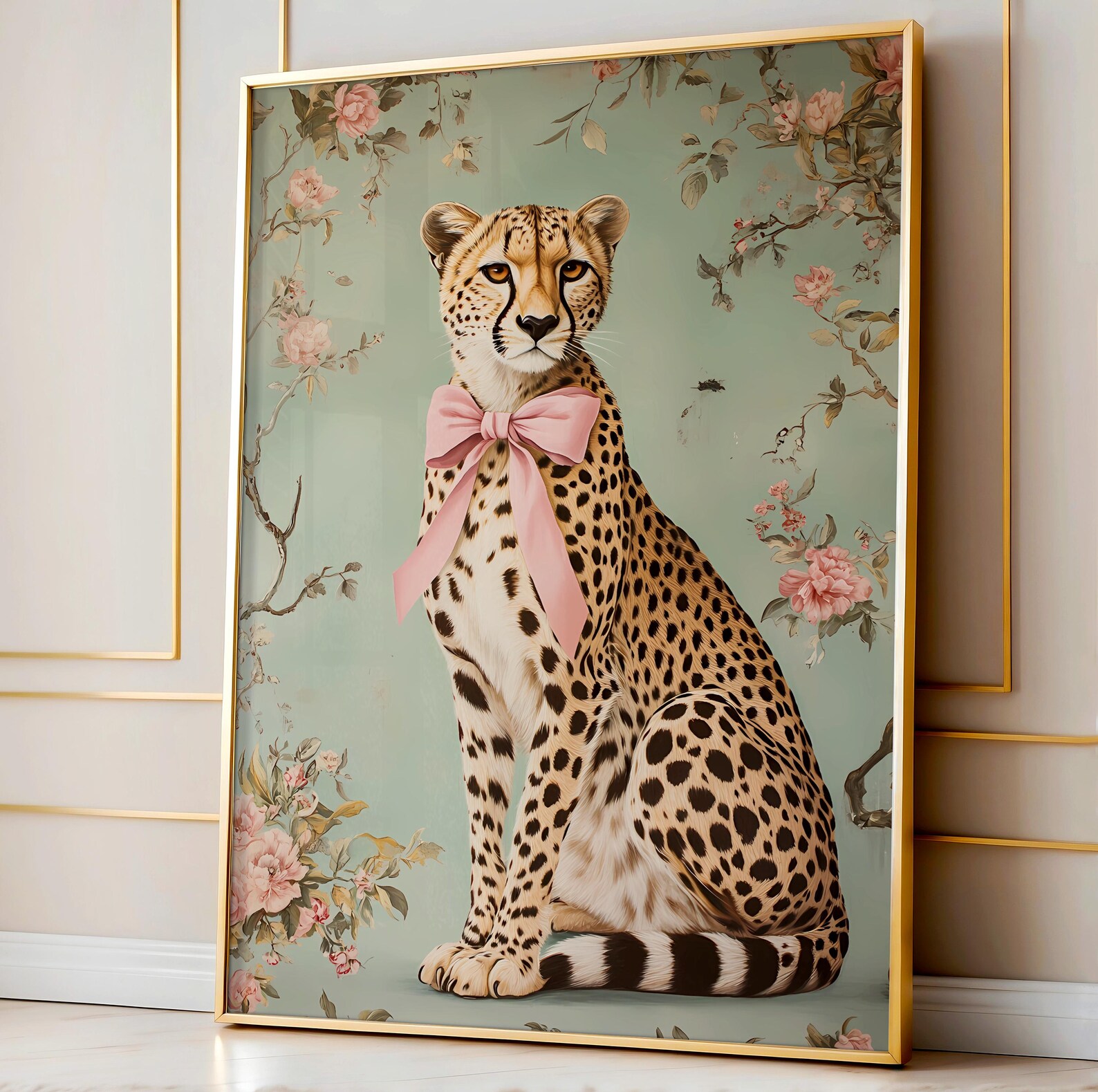 Cheetah With Pink Bow Print, Light Green Chinoiserie Artwork, Pastel ...