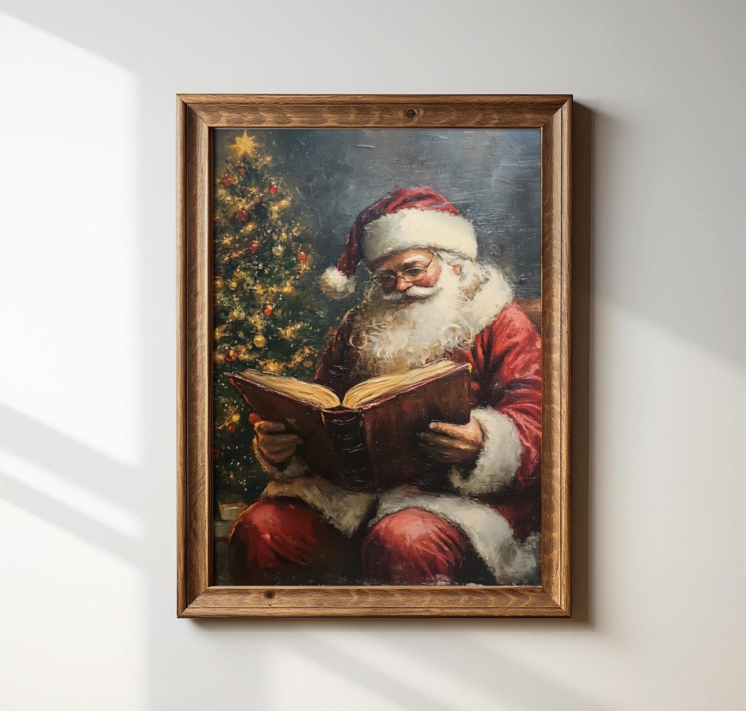 Vintage Santa Reading Book Print, Christmas Oil Painting Artwork, Santa ...