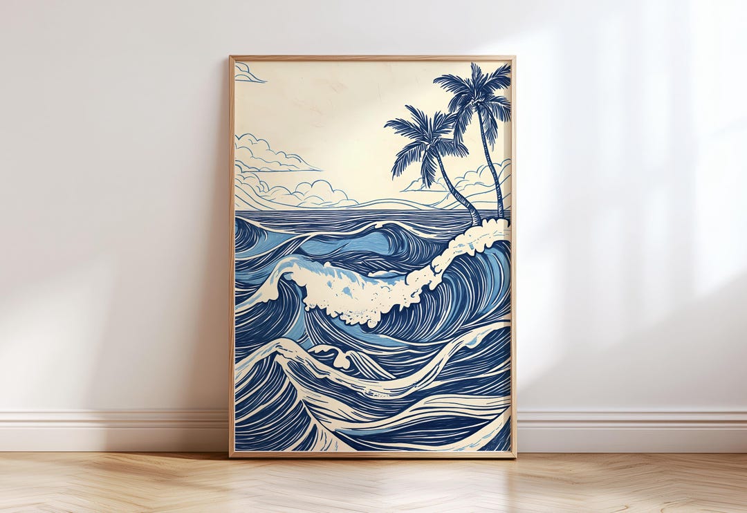 Retro Ocean Waves Print, Vintage Surf Ocean Illustration, Retro Beach ...