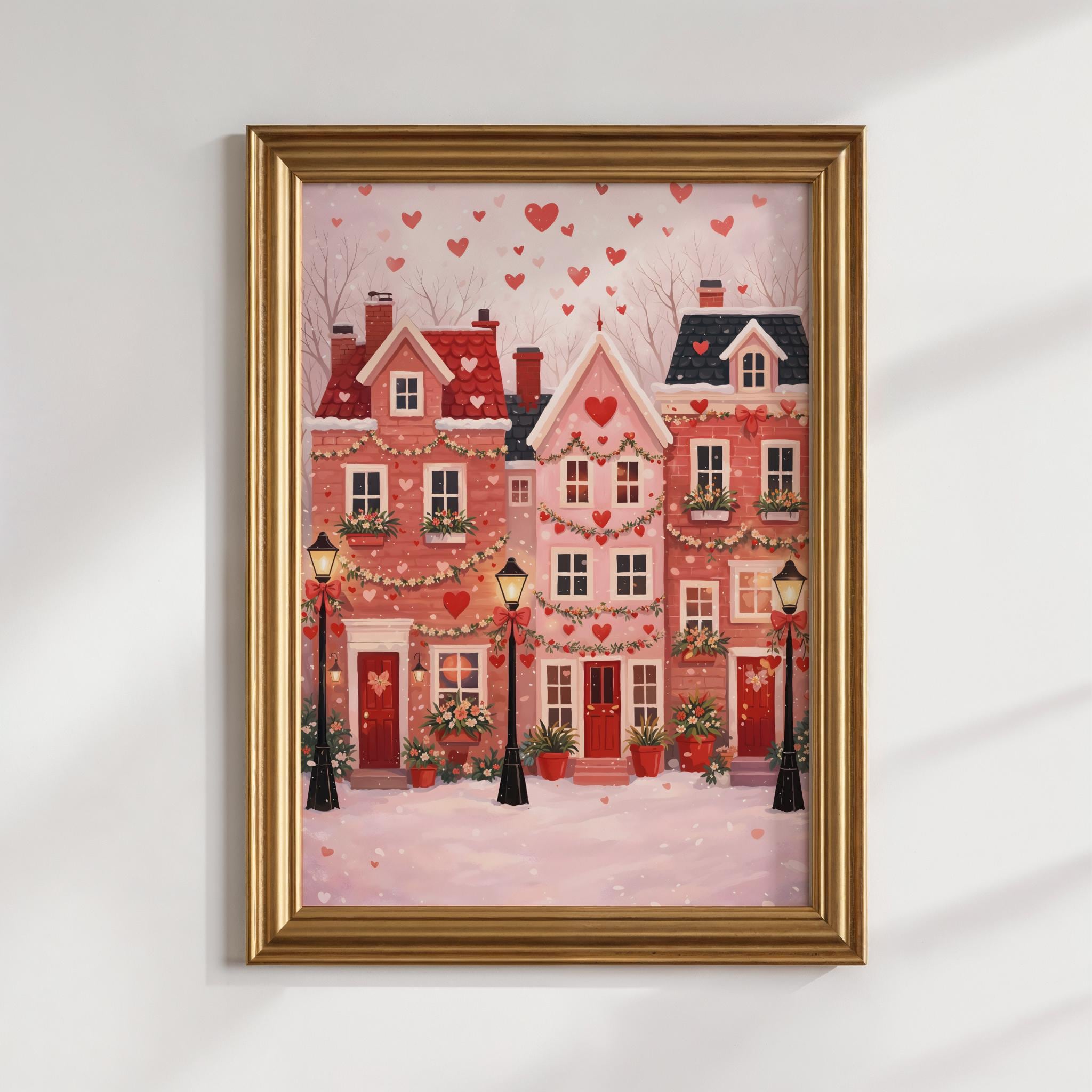 Valentines Day Village Prints Set of 3, Red Pink Romantic Cozy Town ...