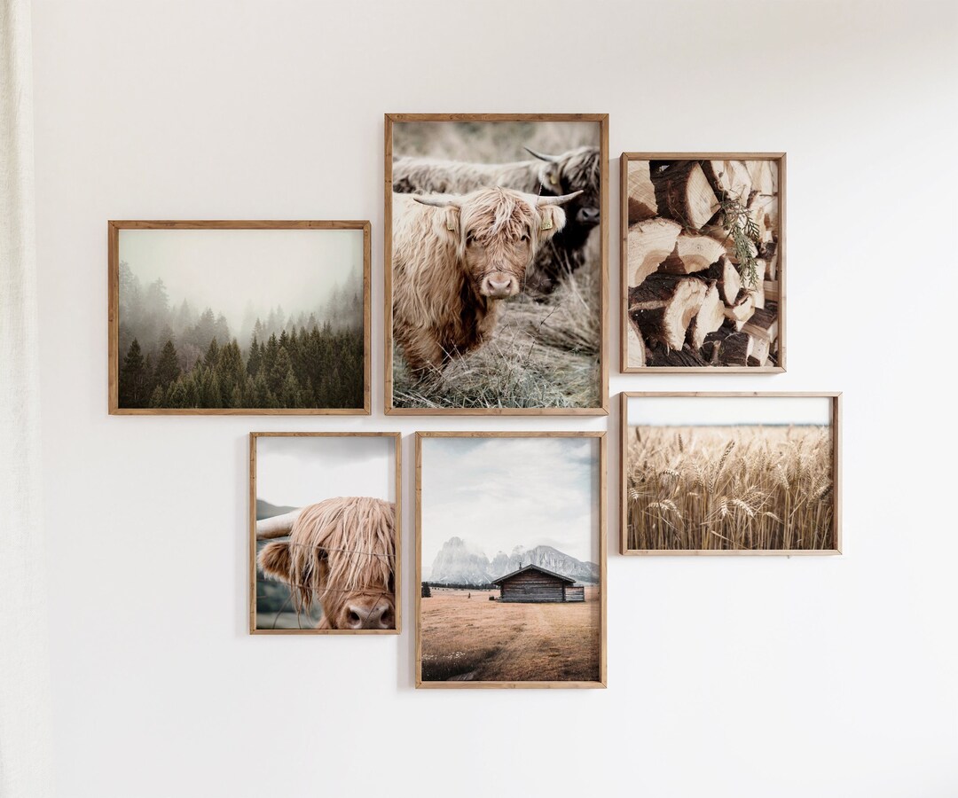 Country Gallery Wall Set of 6 Prints, Highland Cow Prints Set, Rustic ...