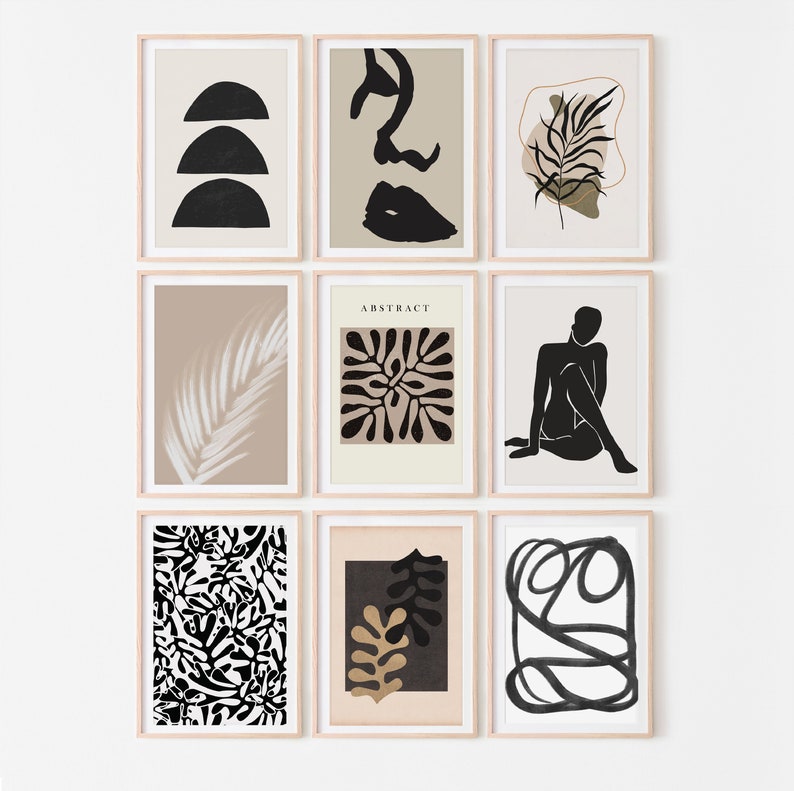Gallery Wall Set, Boho Neutral Set of 9 Prints, Abstract Line Gallery ...