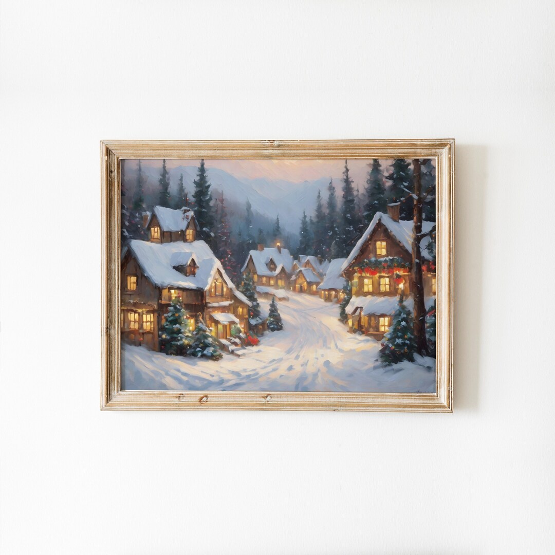 Snowy Festive Town Painting, Vintage Christmas Print, Winter Village ...