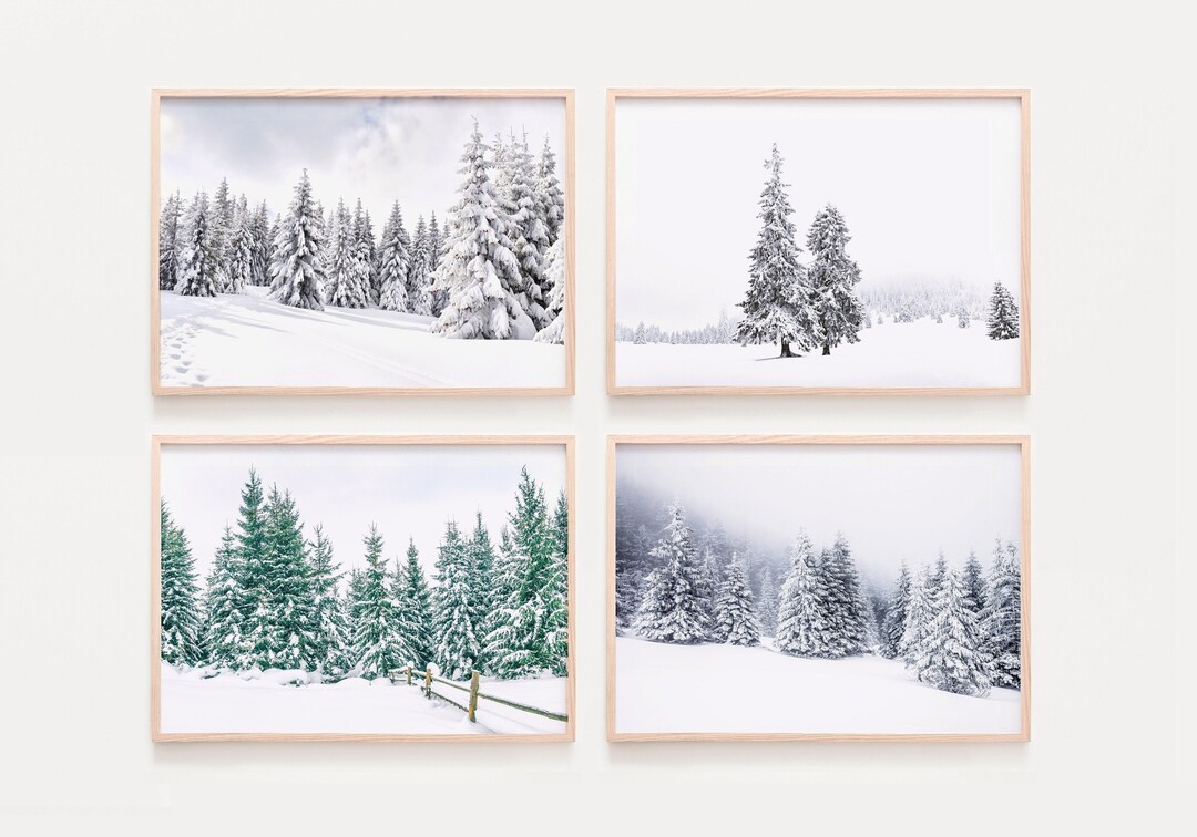Snowy Pine Trees Prints, Winter Forest Landscape Prints Set of 4 ...