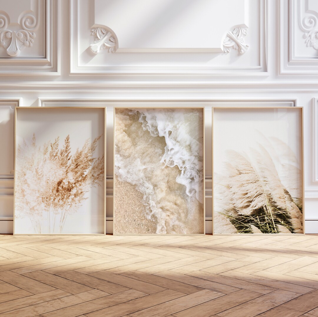Neutral Coastal Pampas Grass Wall Art Set of 3 Prints, Boho Coastal Photography, Printable Wall ...