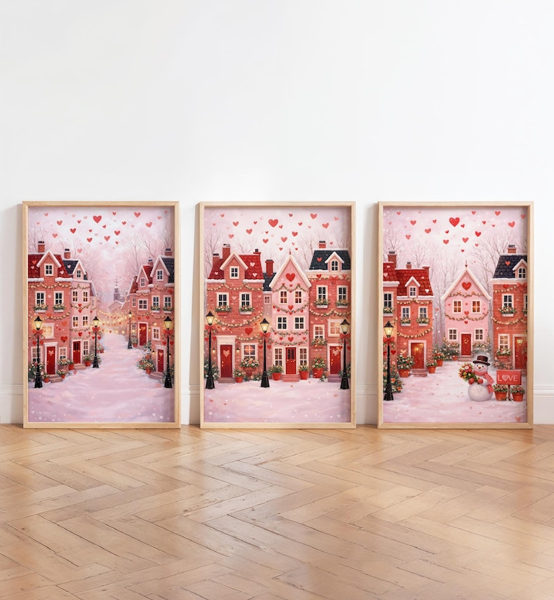 Valentines Day Village Prints Set of 3, Red Pink Romantic Cozy Town ...