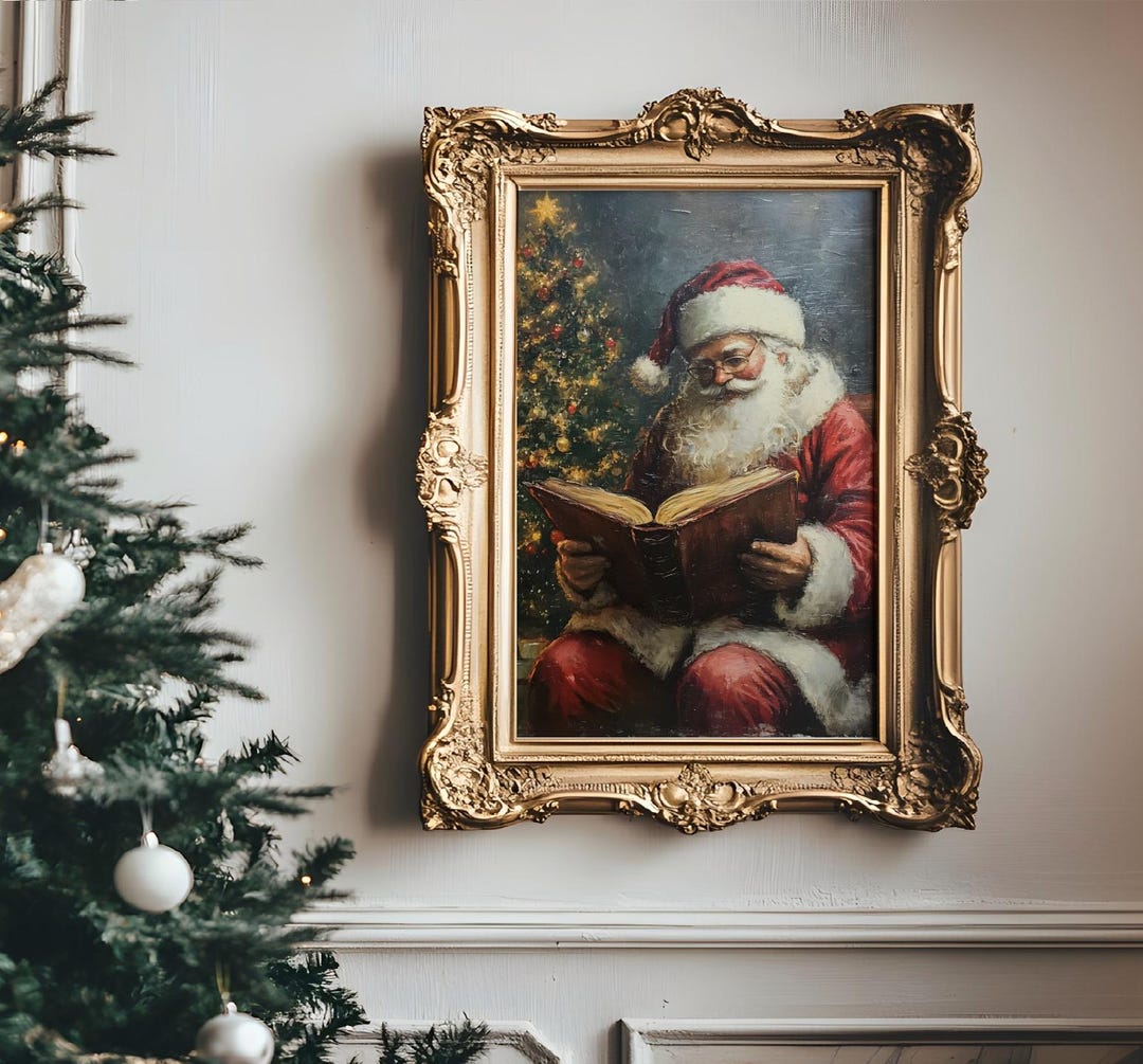Vintage Santa Reading Book Print, Christmas Oil Painting Artwork, Santa ...