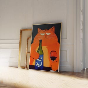 Cat With Wine Print, Bar Red Cat Poster, Trendy Cheers Wall Art, Modern ...