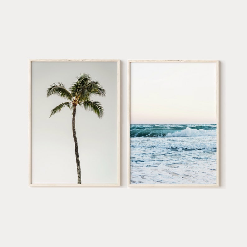 Palm Tree\ Ocean Prints Set of 2, Tropical Coastal Prints, Boho Blue ...
