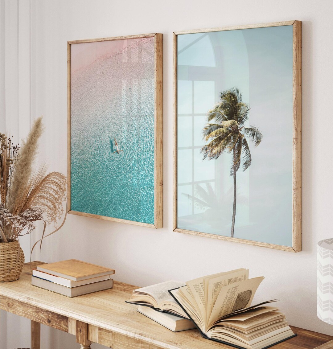 Aerial Beach Prints Set of 2, Tropical Coast Photography, Palm Tree ...