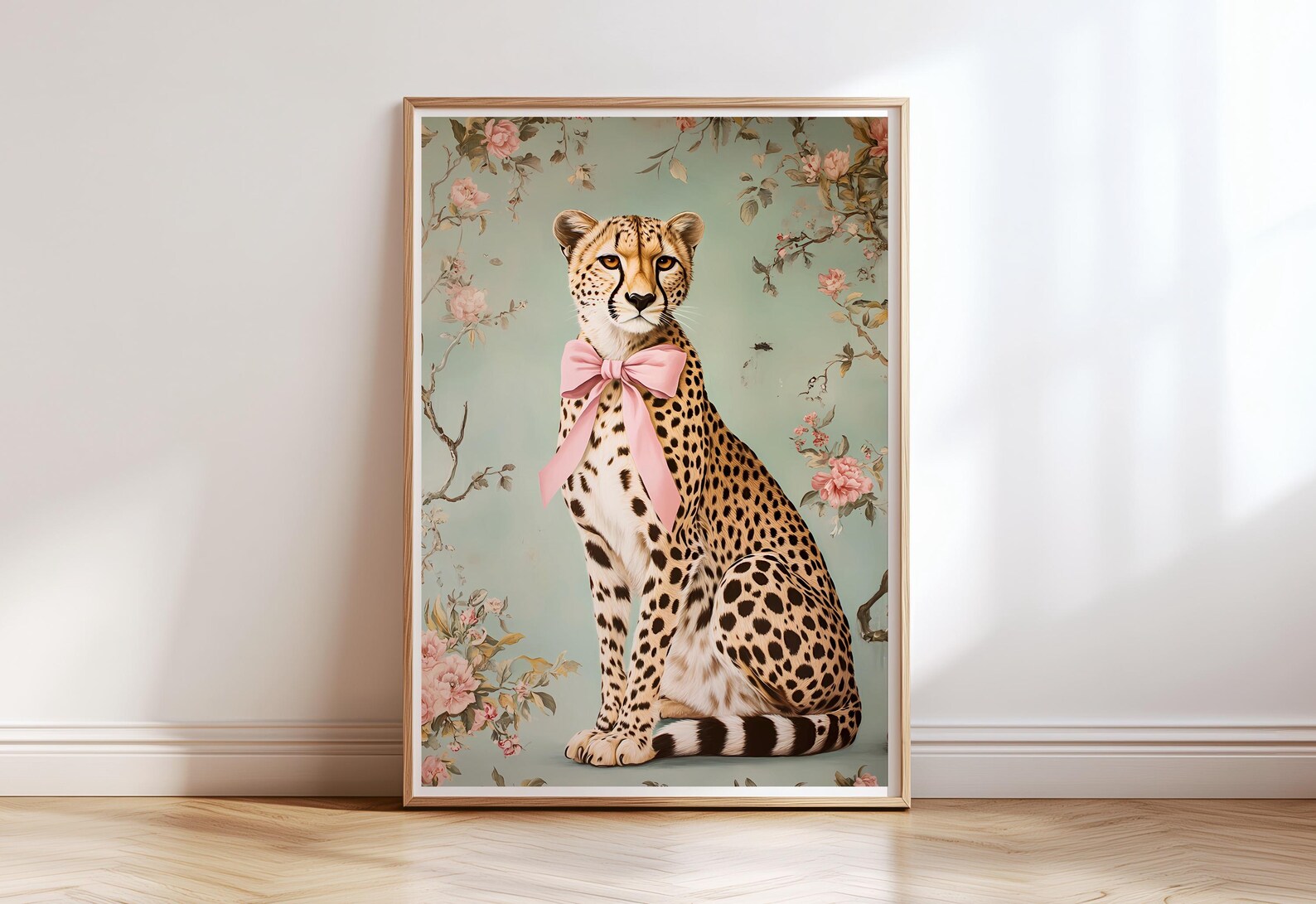 Cheetah With Pink Bow Print, Light Green Chinoiserie Artwork, Pastel ...