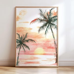 Watercolor Palm Trees Print, Pink Beach Sunset Painting, Watercolor ...