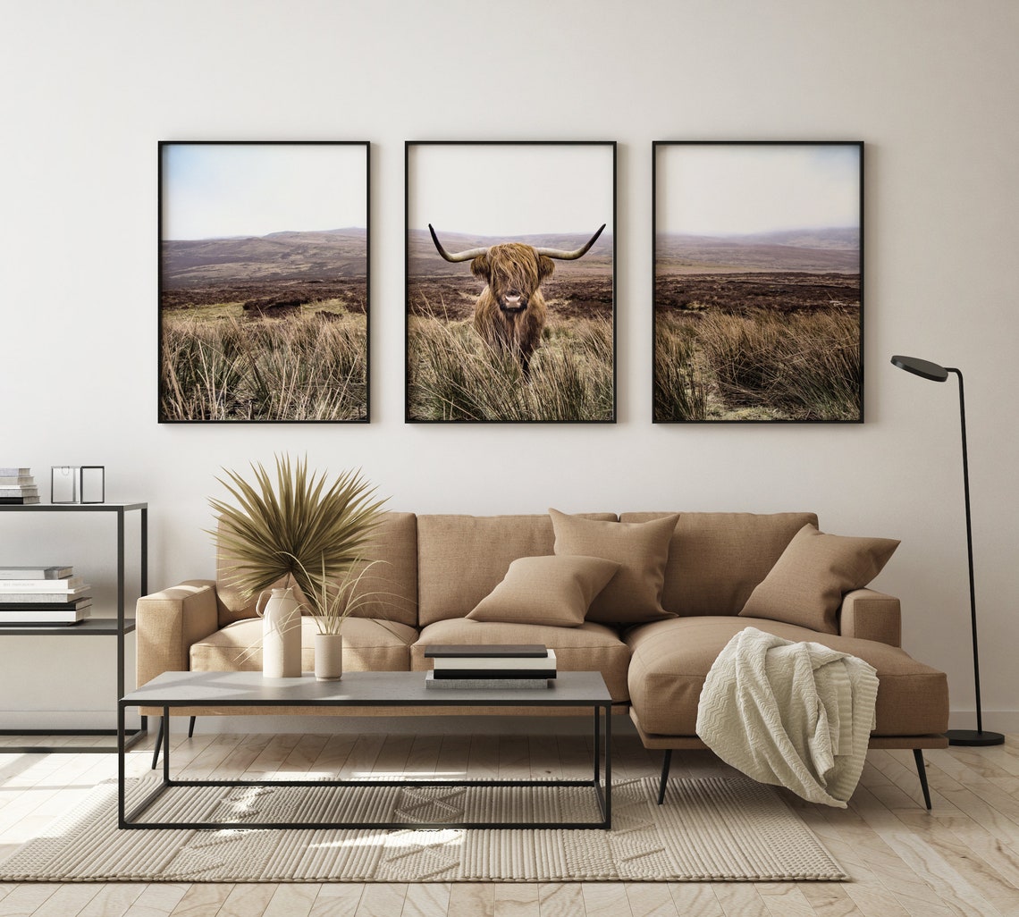 Highland Cow Tryptic Wall Art Set of 3 Prints Rustic Animal - Etsy
