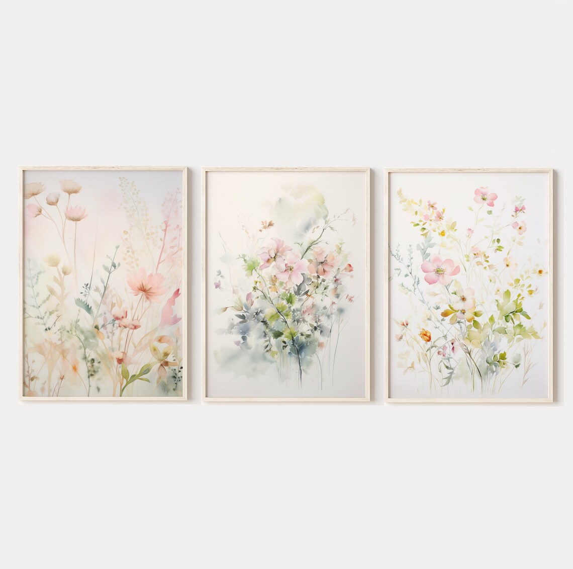 Pastel Wildflowers Prints Set of 3, Abstract Soft Pastel Pink Flowers ...