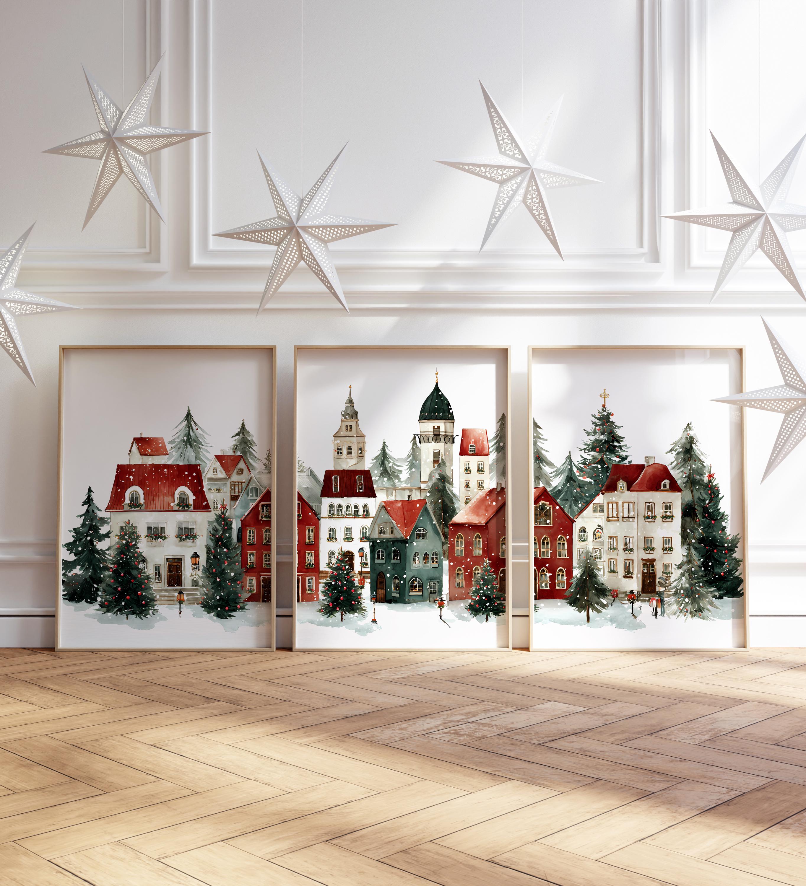 Christmas Village Prints Set of 3, Snowy Winter Town Paintings, Digital ...