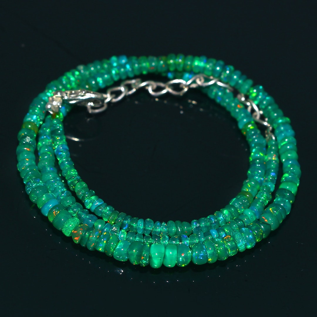 Natural Ethiopian Green Fire Opal Smooth Rondelle Beads Necklace| Green ...