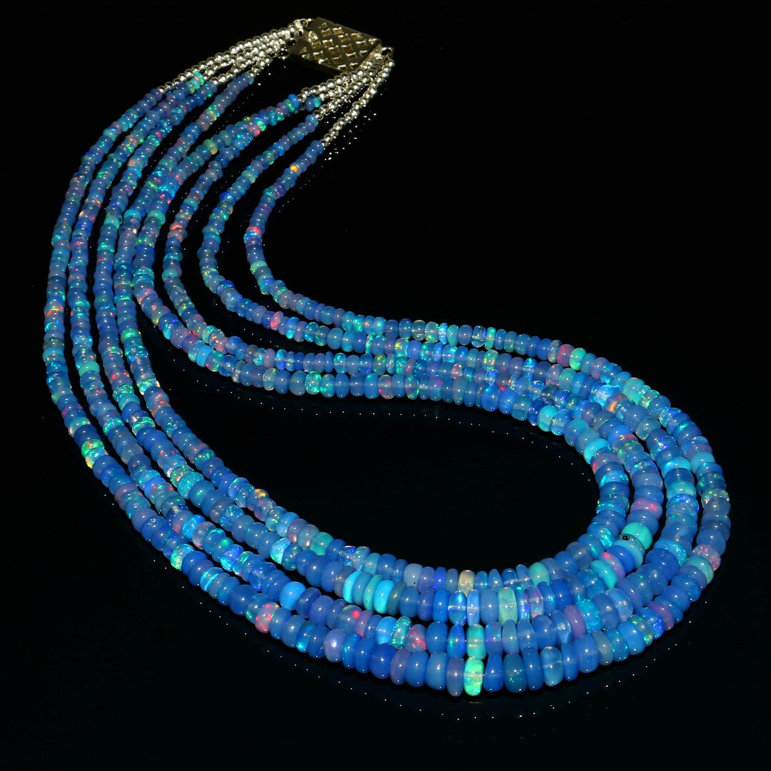 Natural Ethiopian Blue Fire Opal Smooth Rondelle Beads Necklace| Blue ...