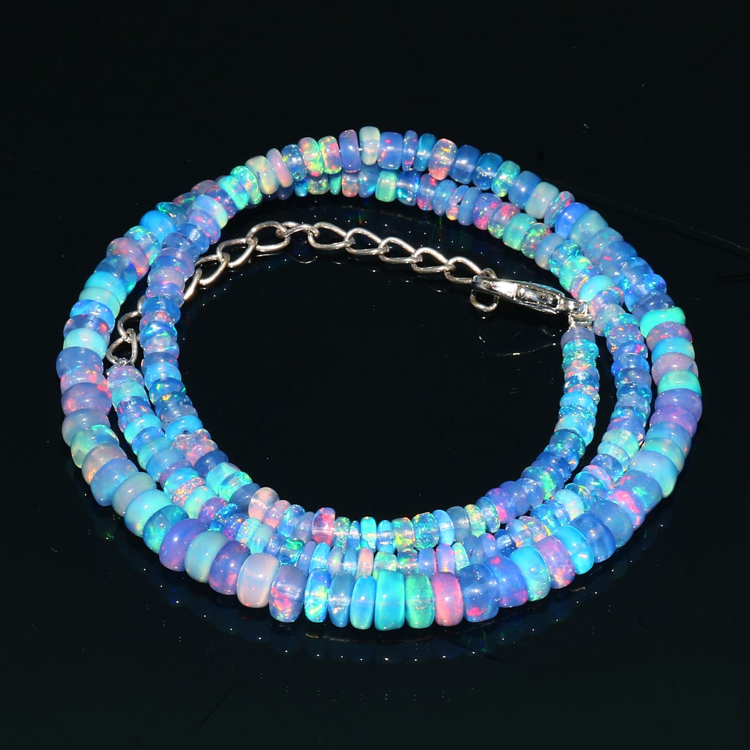 Natural Ethiopian Blue Fire Opal Smooth Rondelle Beads Necklace| Blue ...