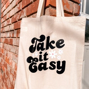 Take It Easy Daisy Boho Reusable Canvas Tote Bag | Cute Cotton Shopping ...