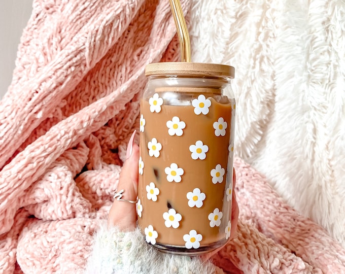 Retro Flower Cute Coffee Mug Clear Boho Glass 18 Oz Coffee Etsy