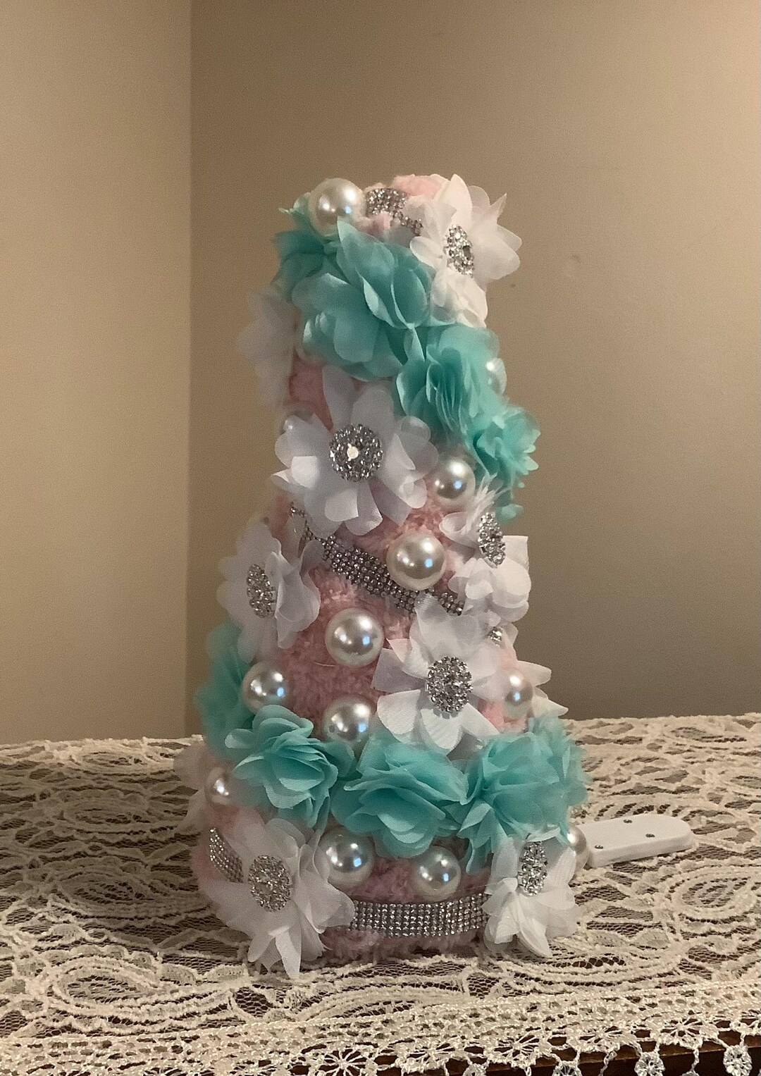 Beautiful Pink and Green Tabletop Shabby Chic Tree Large Pearls ...