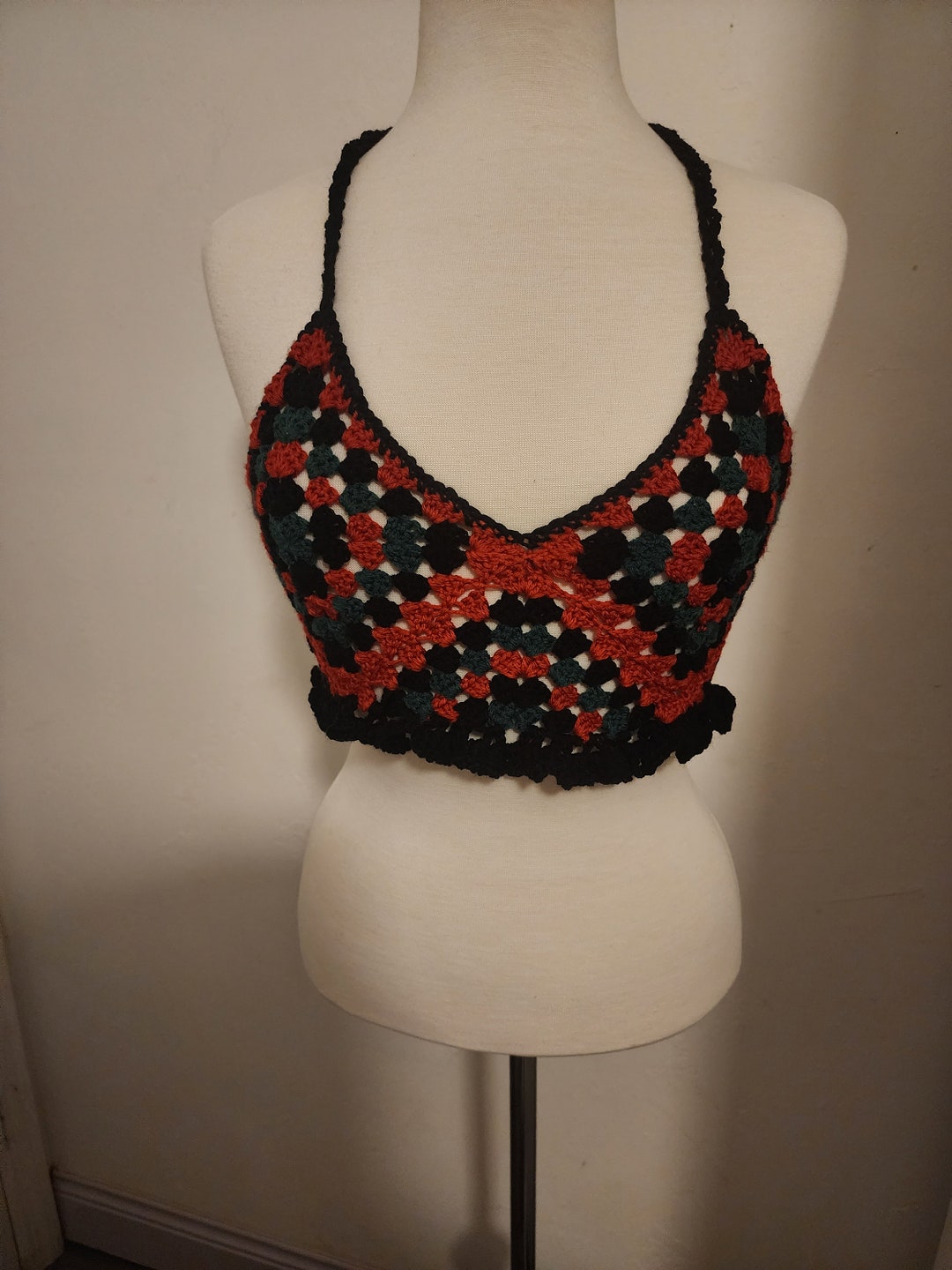 Crochet Granny Square Halter Top Red Black Green - Etsy