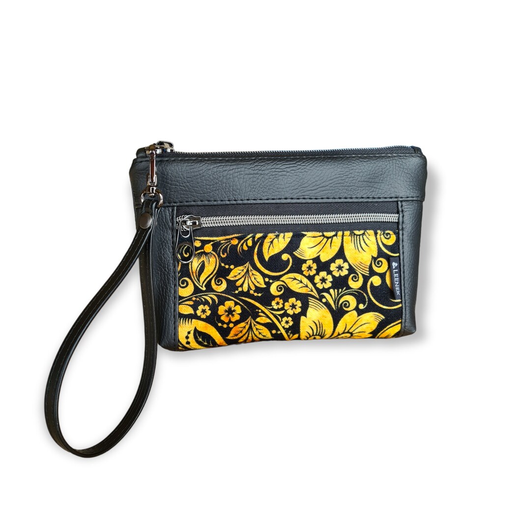 Black Gold Faux Leather Devon Pouch Zipper Pocket Wristlet With Water ...