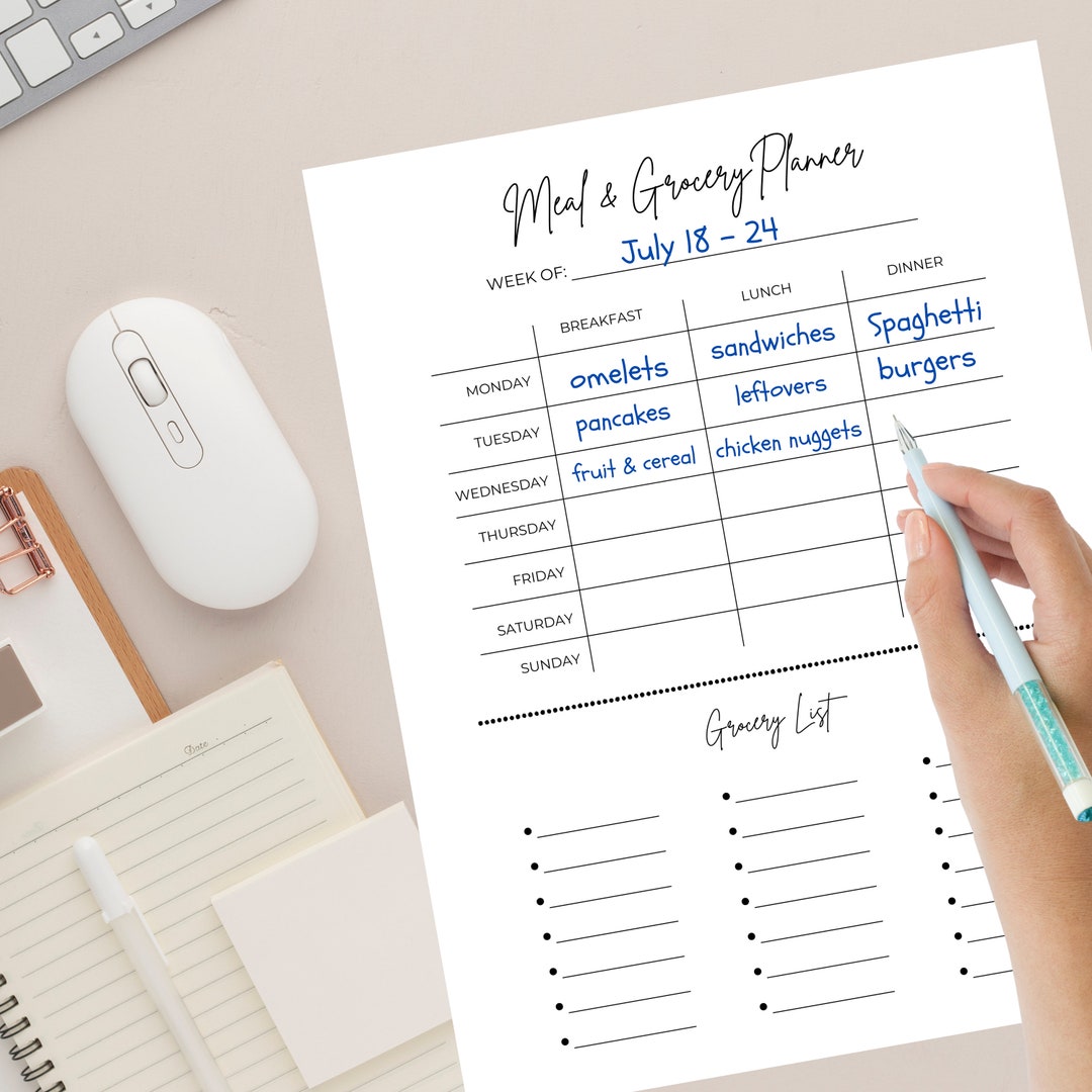 Weekly Meal & Grocery Planner - Simple Black and White Printable PDF - Etsy