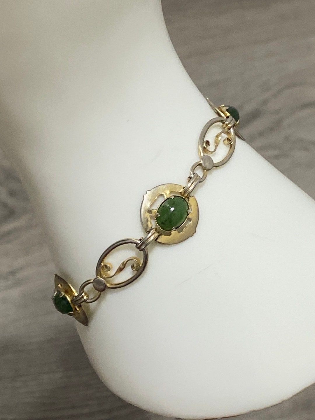Vintage 12K Gold Filled Jade Chain Link Bracelet, 7" Long, Beautiful ...